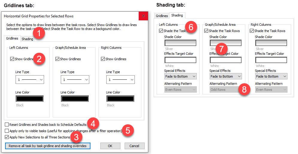 Customize horizontal gridlines for selected task rows